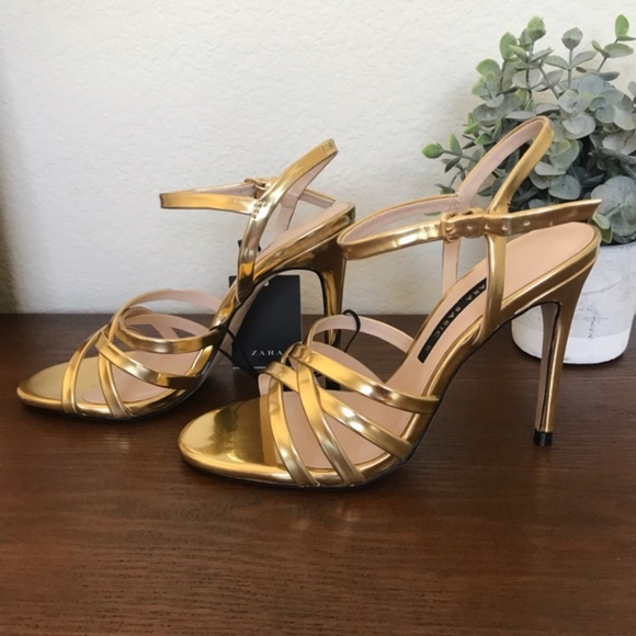 Zara | Shoes | Zara Gold High Heels Laminated Strappy Sandals | Poshmark